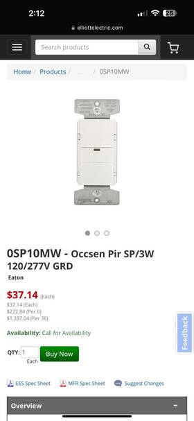 EATON OSP10MW Occupancy Sensor Light Switch